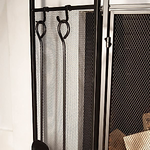 Barton 3-Panel Folding Fireplace Screen W/Magnetic Doors and 4-Pieces Fire Place Tools Set Home Steel Fire Spark Guard, Black