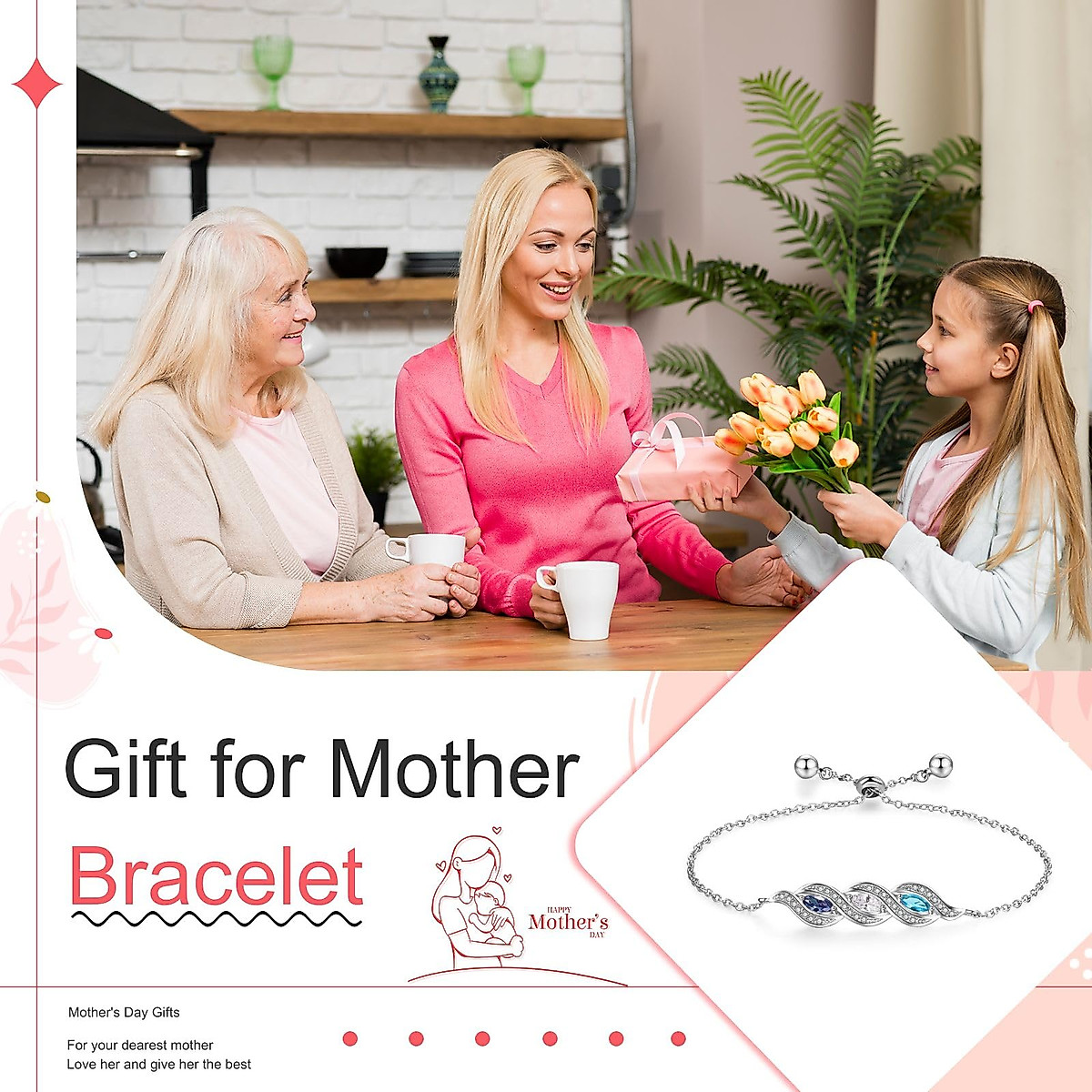 LanM Mothers Bracelet Mothers Day Gifts Personalized 3 Birthstones Bracelet for Mom Womens Bracelets for Friends 3 Birthday Gifts for Grandma Mom Wife