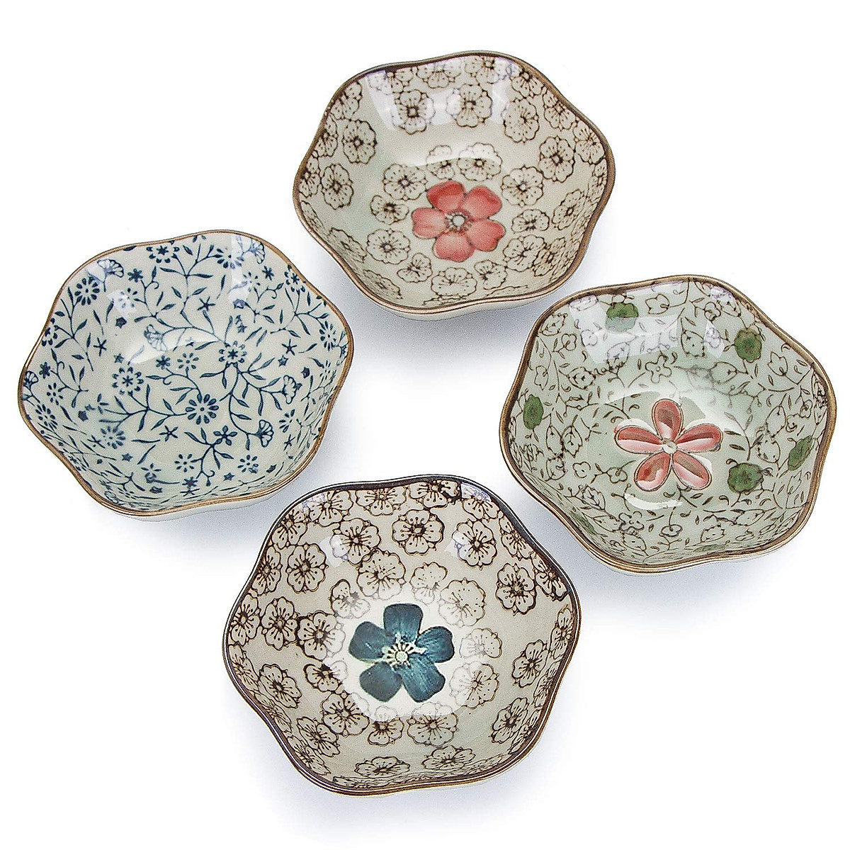 VanEnjoy 4 pcs Colorful Glaze Flower Pattern Ceramic Soy Sauce Dipping Bowls Appetizer Plates Serving Dishes Condiment Dish