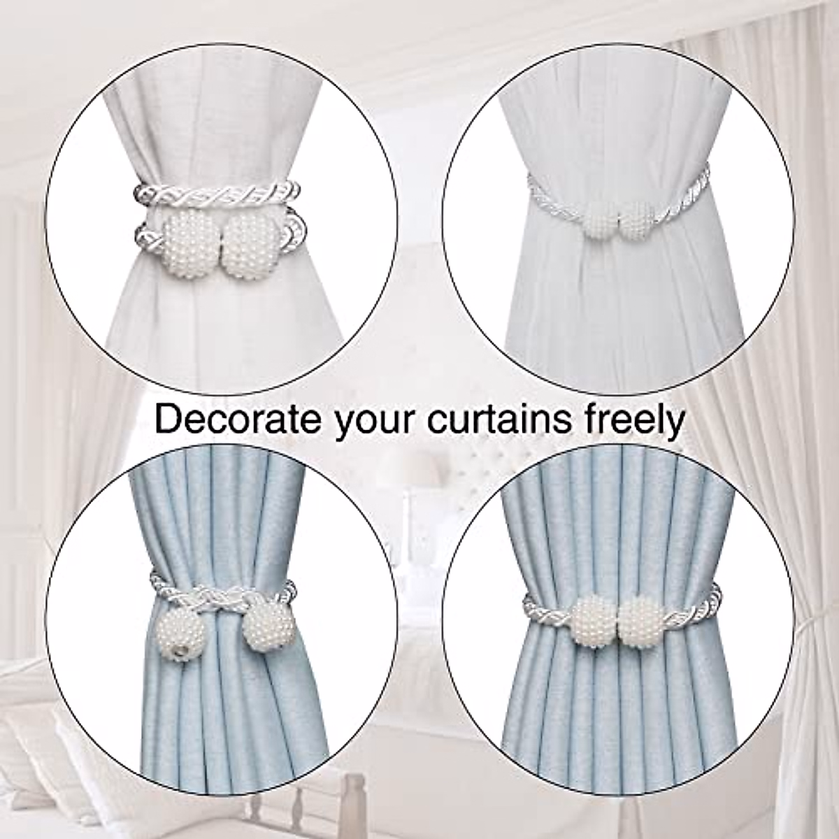 Nieffeiy Magnetic Curtain Tiebacks Convenient Curtains Drape Ties Backs Weave Rope Curtain Holdbacks for Outdoor Window Draperies (Silver, 4)