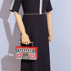 TiffyDance Women Color Rhinestone Bling Radio Shape Handbag Glitter Evening Bag for Wedding Party Bridal (red)