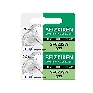 Seizaiken 377 SR626SW 1.55V 0% Hg Silver Oxide Watch Battery (2 Batteries) Made in Japan by Seiko