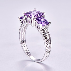 Psiroy 925 Sterling Silver Plated Princess Cut Simulated Amethyst 3 Stones Engagement Ring for Women Size 6