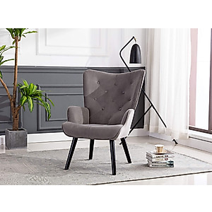Dolonm Velvet Accent Chair Modern Tufted Button Wingback Vanity Chair with Arms Upholstered Tall Back Desk Chair with Solid Wood Legs for Living Room Bedroom Waiting Room(Silver Grey)