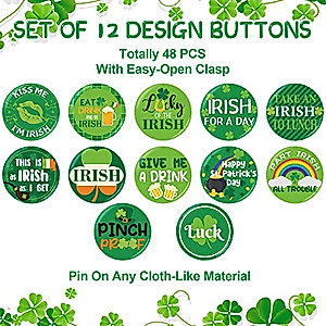 48 Pcs St. Patrick's Day Buttons Set Shamrock Irish Pin Badges Luck Happy St. Patrick's Party Buttons Irish Green Button Pins for Kids Adults St. Patrick's Day Decorations Leprechaun Party Favors