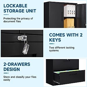 PEUKC 2-Drawer Metal File Cabinet, Lateral Vertical Filing Cabinets for Home Office, Locking File Cabinet with Storage Shelves, Legal/Letter/A4 Size Office File Cabinet, (Black, Assemble Required)