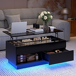HOMMPA 40" Lift Top Coffee Table with Storage LED Coffee Table Morden High Gloss Living Room 3 Tiers Modern Tea Table with Storage Center Tables Hidden Compartment & Open Shelve & Drawer Black