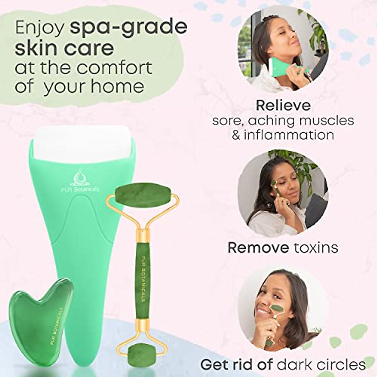 PUR Botanicals - Ice Jade Roller for Face & Eye Puffiness Relief - Therapeutic frozen Facial Massager for Beauty - Homemade Cold depuff Face Roller for Women - Reduce wrinkles and lifting - 3 in 1 Set