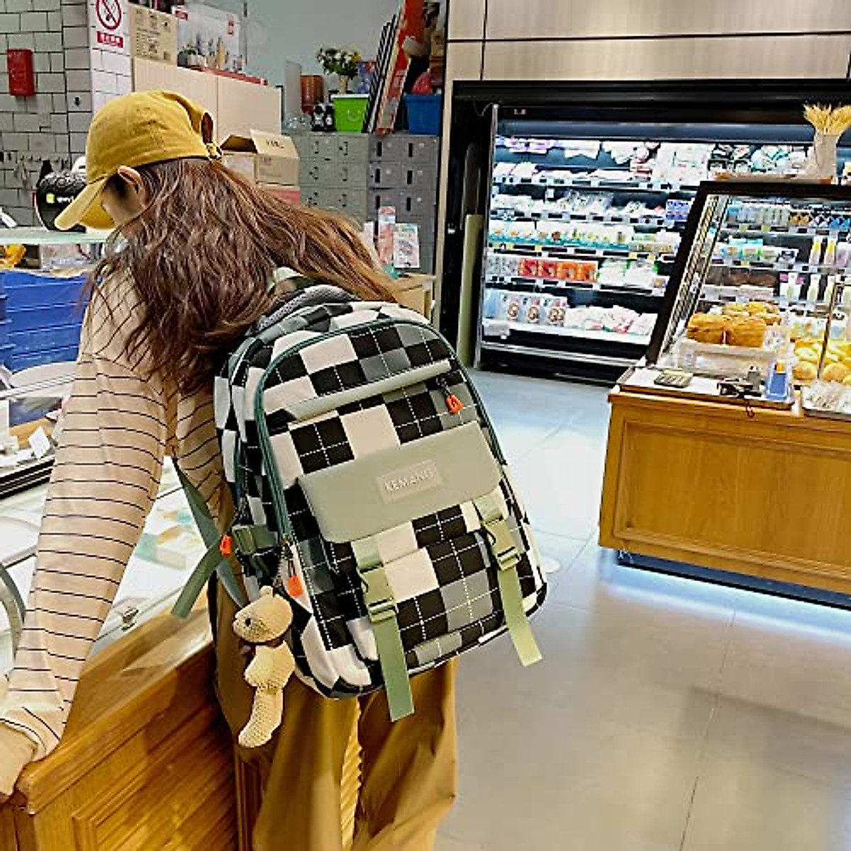 Dcepem Cute Kawaii Backpack with Accessories for Girls School Preppy Backpack Laptop Stuff Waterproof Over 6 Years Old Green