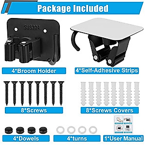 Broom Holder Wall Mount, Screw Drilling & No Drill Sturdy Heavy Duty Stainless Steel Wall Mounted, Broom Organizer Wall Mount with Hooks Hanger, Wall Holder for Bathroom, Garage, Kitchen, Garden