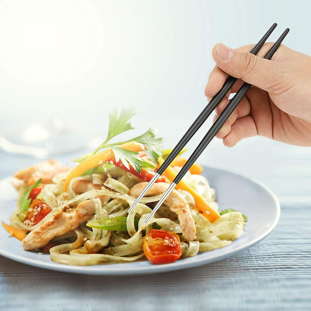 Fdit 304 Stainless Steel Chopstick Japanese Sushi Chopsticks Tableware Set for Sushi Restaurant Home(Silver Black)