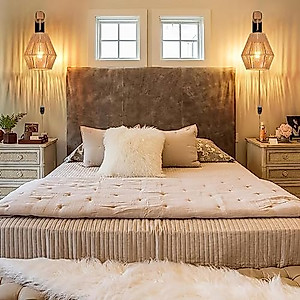 ZECOXOL Plug-in Wall Sconces Set of Two, Rattan Boho Decor Wall Lamps with Plug-in Cord, Wicker Sconces for Bedroom & Living Room