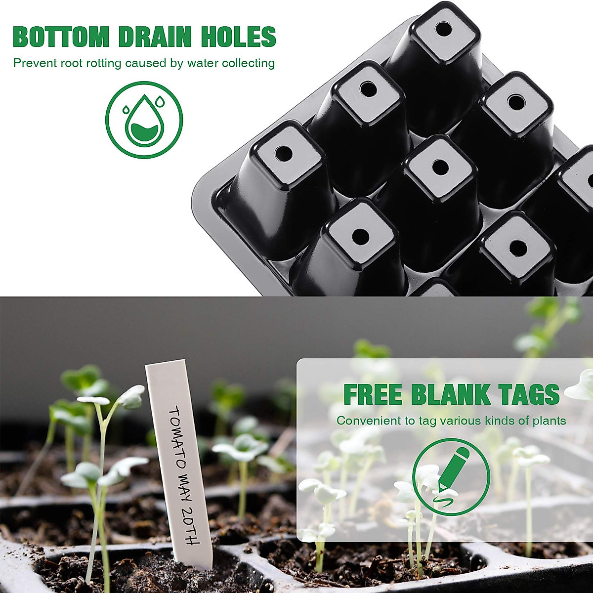 Delxo 10-Pack Seed Starter Kit Seedling Starter Tray (12 Cells per Tray) Humidity Adjustable Plant Germination Kit Garden Seed Starting Tray with Dome and White Base Plus Plant Tags Hand Tool Kit