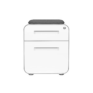 Laura Davidson Furniture STOCKPILE Mini Seated 2 Drawer Mobile File Cabinet with Removable Magnetic Cushion Seat - Short Version, Metal Filing Cabinet, Pre-Assembled, White with Grey Cushion