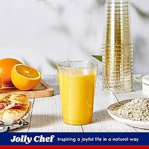 JOLLY CHEF 100 Pack 12 oz Gold Plastic Cups, Disposable Gold Cups,Heavy-duty Clear Plastic Tumblers, Gold Glitter Cups, Disposable Cups for Wedding, Thanksgiving, Christmas Party