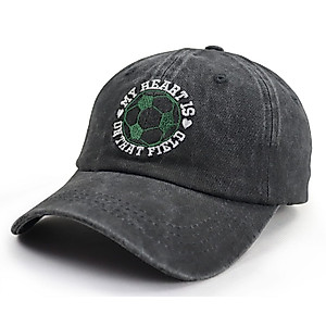Soccer Ball Hats for Men Women, Funny My Heart is on That Field Soccer Hat, Adjustable Washed Vintage Cotton Embroidered Football Baseball Cap, Fathers Day Soccer Gifts for Dad Mom Grandma Grandpa