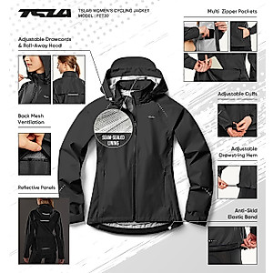 TSLA Women's Cycling Windbreaker Jacket, Waterproof Running Workout Rain Jackets, Packable Reflective Hiking Hoodie, Cycling Black, Small