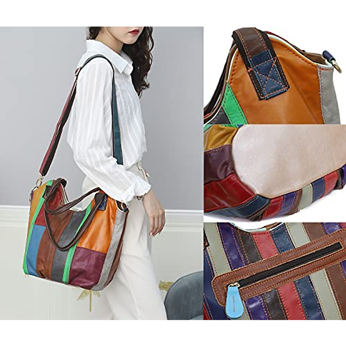 Segater Women Multi-color Handbag Genuine Leather Shoulder Bag Random Stitching Colorful Hobo Tote Satchel Travel Purse