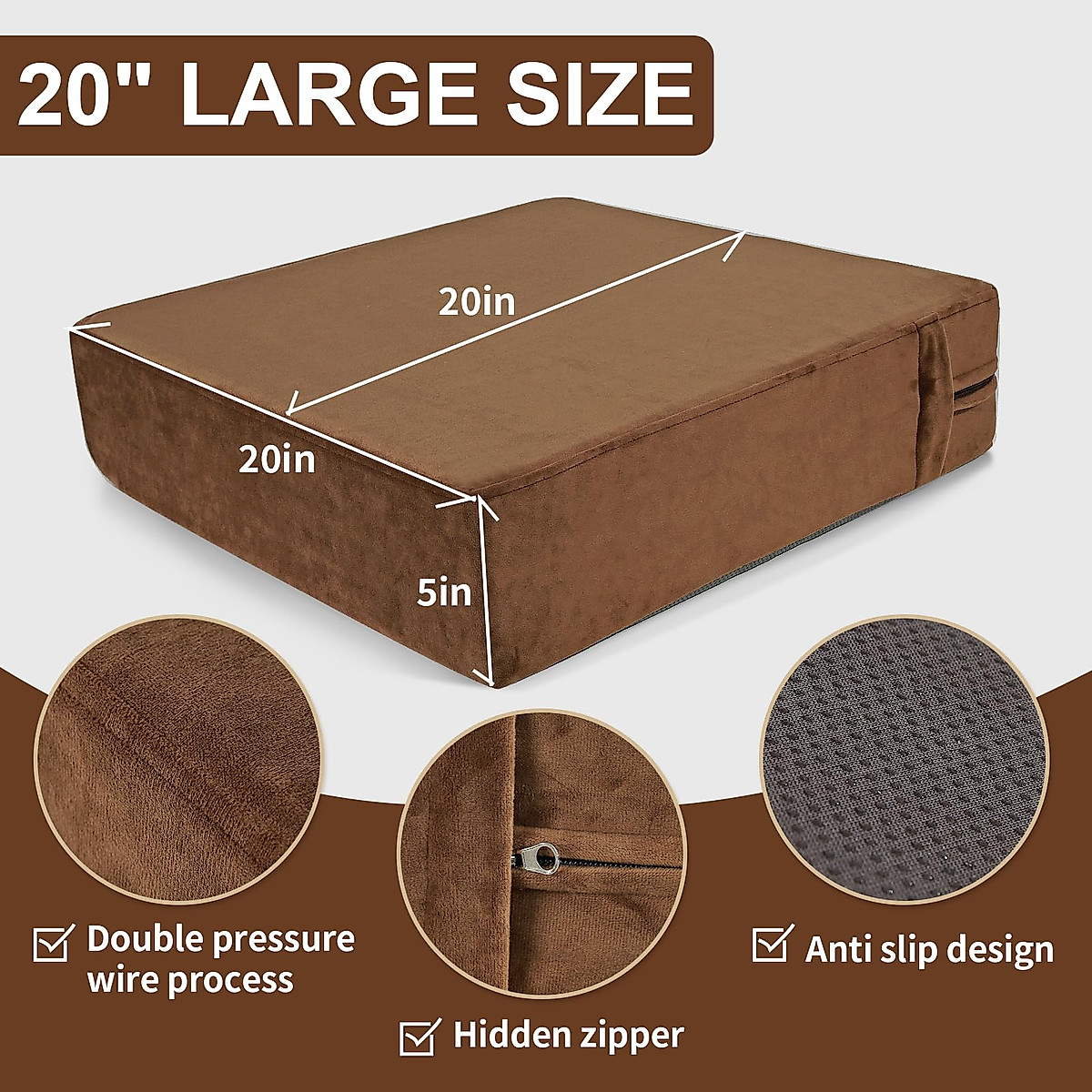 SINOSSO Velvet Large Chair Cushion for Elderly 20" x 20" x 5", High Density Foam Seat Cushion for Recliner Couch Armchair, Thickened Chair Pad, Brown