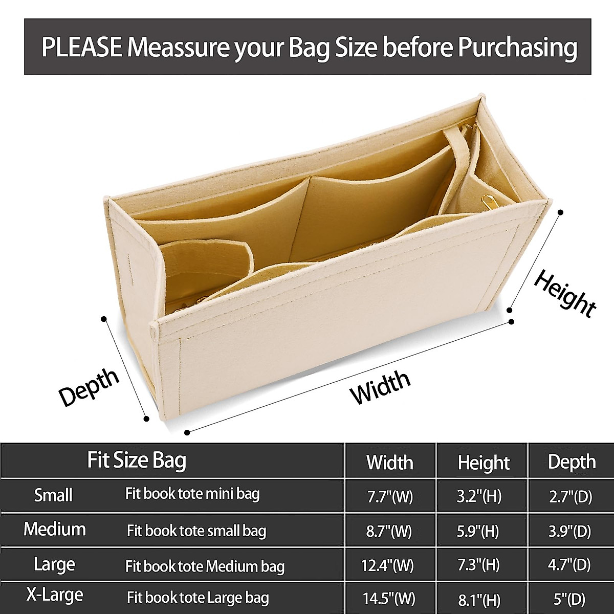 LOUKAYCCI Purse Insert Organizer for Medium dior book tote Bag Insert，Premium Purse Felt Insert Multiple Pockets (Large, Khaki)