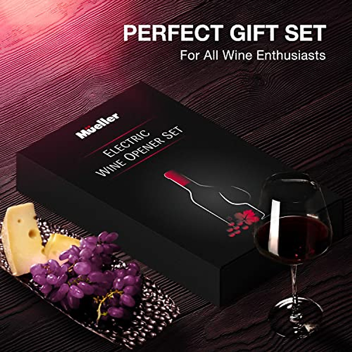 Mueller Electric Wine Opener Set - Rechargeable Batteries and USB Charging Cable - Electric Corkscrew Opener with Foil Cutter, Wine Pourer, Vacuum Stopper (Batteries Included), Valentines Day Gifts