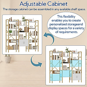 Yusong Bookshelf Triple Wide 5 Tier Bookcases with Storage Cabinet, Industrial Large Modern Tall Bookshelves with 12 Open Display Shelves for Living Room Office Bedroom, White Oak and Gold
