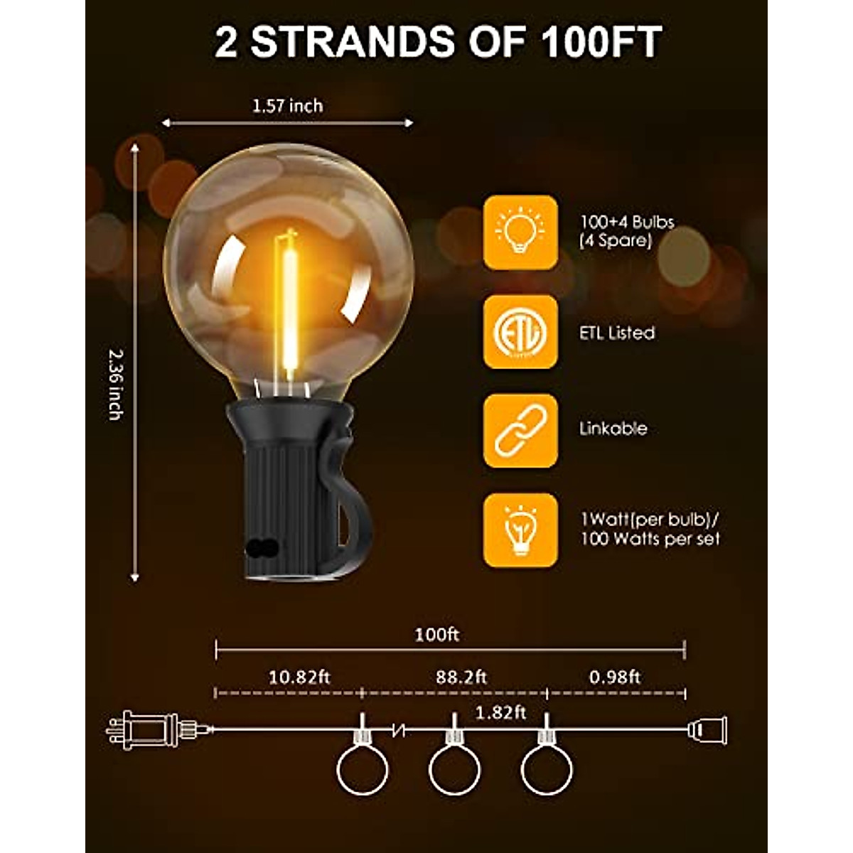 Bomcosy Outdoor String lights 200Ft, Led Globe String Lights for Outside Patio 100Ft*2 Waterproof Total 104 Shatterproof G40 Bulbs, Indoor Hanging Lights Garden Bistro Cafe Backyard Lights Decor 2700K