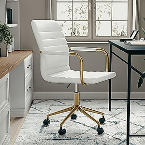 Martha Stewart Taytum Swivel Task Chair with Armrests for Home Office in White Faux Leather with Polished Brass Frame