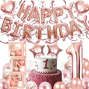 First Birthday Balloon Boxes Decorations for Girl, 72Pcs 1st Birthday Party Decorations Includes White Transparent Boxes Baby Rose Gold Balloons 40 Inch Foil Balloons 18 Inch HAPPY BIRTHDAY Foil