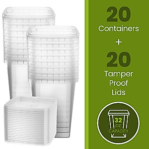 32-oz. Square Clear Deli Containers with Lids | Stackable, Tamper-Proof BPA-Free Food Storage Containers | Recyclable Space Saver Airtight Container for Kitchen Storage, Meal Prep, Take Out | 20 Pack