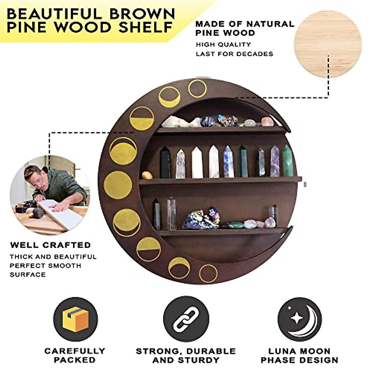 Ella & Emma Crescent Moon Shelf - Moon Wall Decor, Crystal Display Shelf, Hanging Shelf Display, Wooden Moon Shelf, Shelves for Bedroom Aesthetic, Witchy Decor Aesthetic, Wood Shelves - Dark Brown