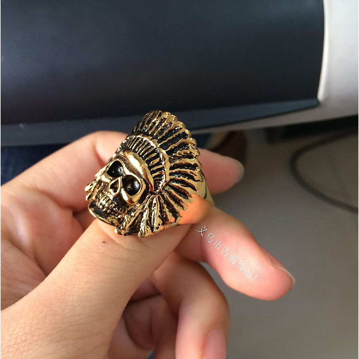 Moca Jewelry Cool Feather Dayak Indian Headdress Punk Skull 18K Gold Plated Hip Hop Stainless Steel Ring for Men Women