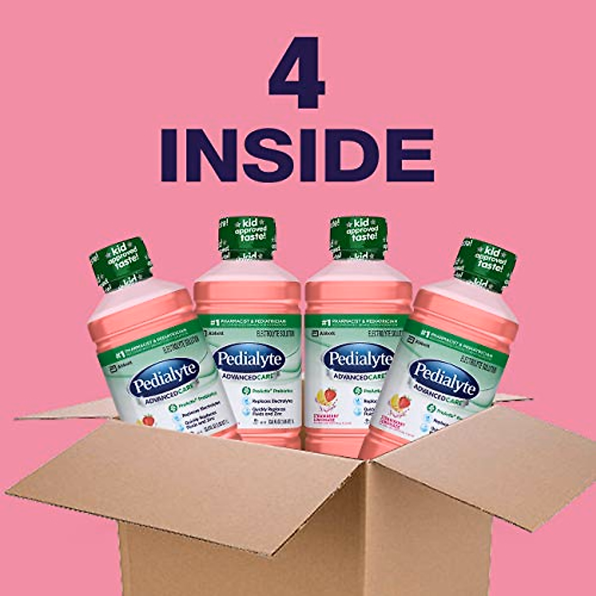 Pedialyte AdvancedCare Electrolyte Solution, 1 Liter, 4 Count, with PreActiv Prebiotics, Hydration Drink, Strawberry Lemonade