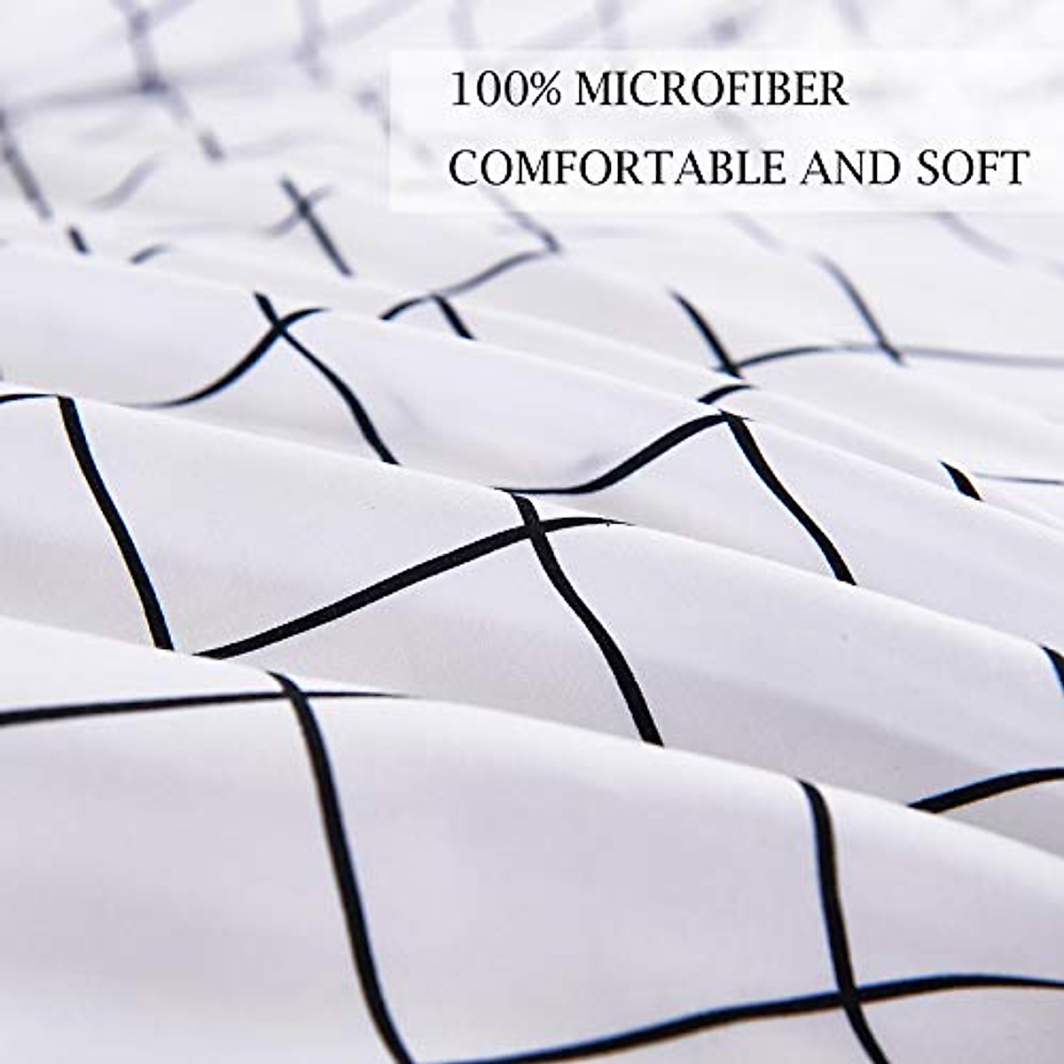 Nanko Queen Duvet Cover Set Grid, 90x90 Soft Bedding Cover, Luxury Cool Lightweight Microfiber 3pc Set (1 Cover 2 Pillowcase) with Zip, Tie - Modern Style Bed Quilt Cover for Decor, Plaid White