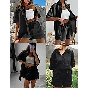 Zeagoo Women's 2 Piece Solid Color Tracksuits Outfits Summer Short Sleeve Set,Black,X_Large