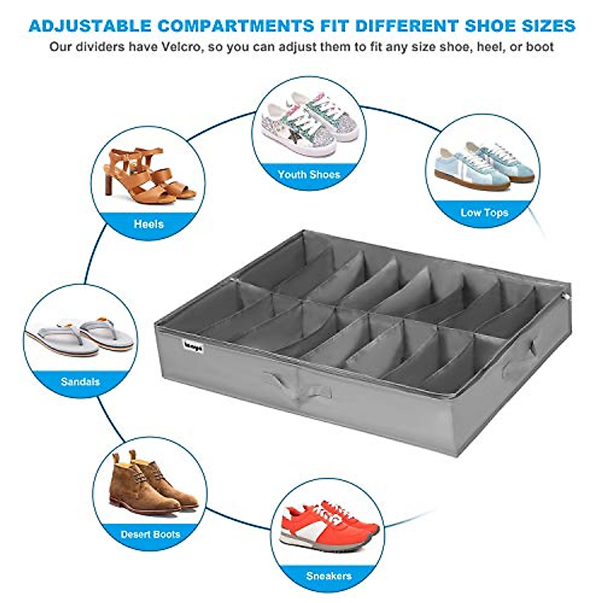 INAYA Under Bed Shoe Storage Organizer Set of 2, Fits 32 Pairs, Underbed Shoe Box Storage Containers Adjustable Dividers w/Bottom Support Velcro, Clear Foldable Shoes Storage w/Reinforced Handles
