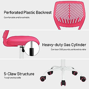 Desk Chair Armless Small Study Chairs Armless for Child Kids Teens, Ergonomic Swivel Rolling Lightweight Task Chair with Wheels and Mesh Padded Cushion, Pink
