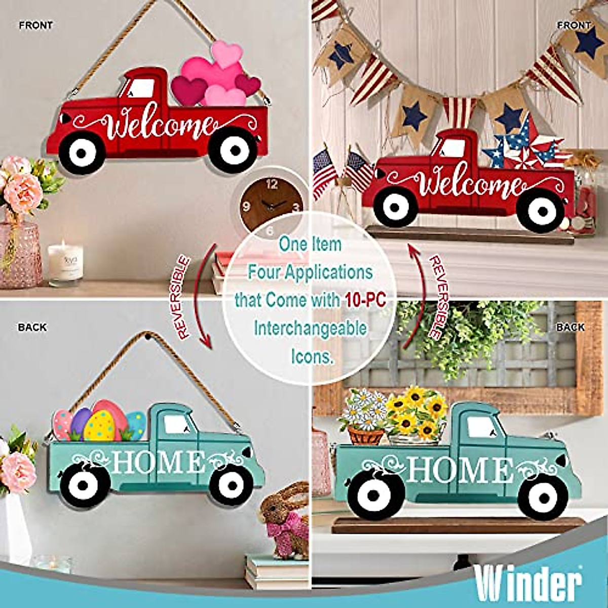 Winder Welcome Sign & Home Sign for Front Door 2-Side Rustic Red Truck Decor with 10-PC Interchangeable Holiday Icons for Spring Easter 4th of July Fall Harvest Halloween Christmas Seasonal Wall Hanging & Table Decorations(2-Side Red Truck)