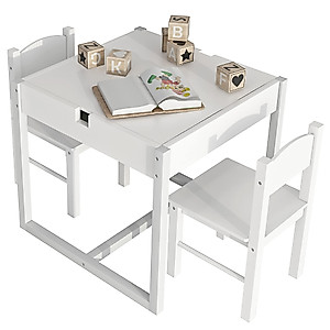 4NM 3 in 1 Kids Table Set for 2, Children Table and Chairs, Toddler Play Activity Table with Hidden Storage Wood Building Block Table Desk for Ages 3-7 - White Green