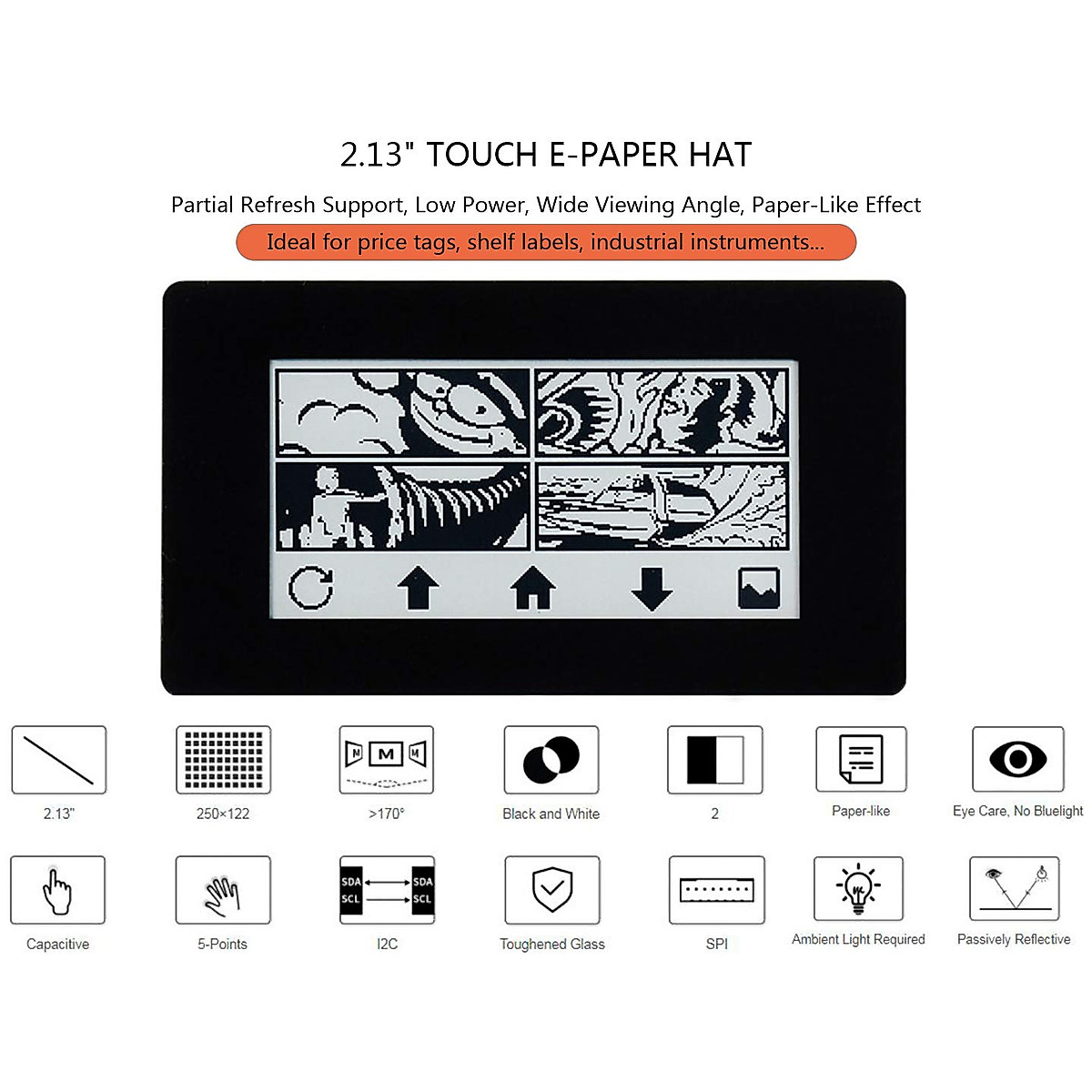 Waveshare 2.13inch Touch e-Paper HAT for Raspberry Pi 4B/3B+/3B/2B/Zero/Zero W/Zero WH, 250x122 Pixels, Black White Two-Color, 5-Point Touch E-Ink Screen LCD, SPI Interface Support Partial Refresh