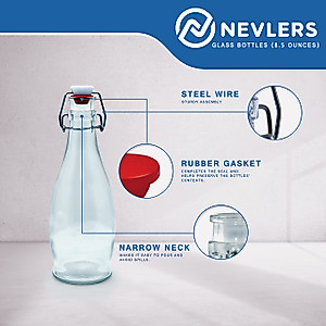 Nevlers 12pcs 8.5 Oz. Glass Bottle Set with Swing Top Stoppers, Bottle Brush, Funnel & Gold Marker - Clear Beverage Bottles for Water, Wine, Juices, Infused Oils