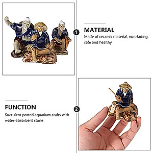 DOITOOL 3pcs Miniature Fisherman Statue Ceramic Chinese Mudman Fishing Garden Figurine Ornament for Fish Tank Bonsai Landscape Fairy Garden Decoration Style B
