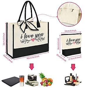 OLSUNOR Personalized I Love You Canvas Beach Bag Monogram Birthday Gifts for Women Embroidery Tote Bag w Makeup Bag Inner Zipper Pocket Customized Ribbon for Women, Mom, lover, Friends, Bridesmaids