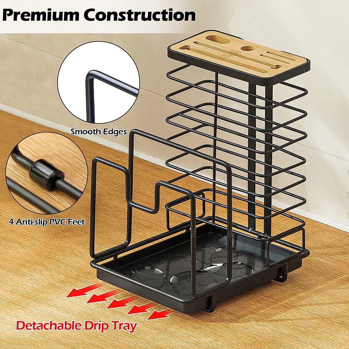 Poeland Cutting Boards Knife Organizer, 3 in 1 Kitchen Organizer Rack, Kitchen Utensils Rack Chopping Boards/Knives/Pot Pan Lid Storage with Drip Tray, Black