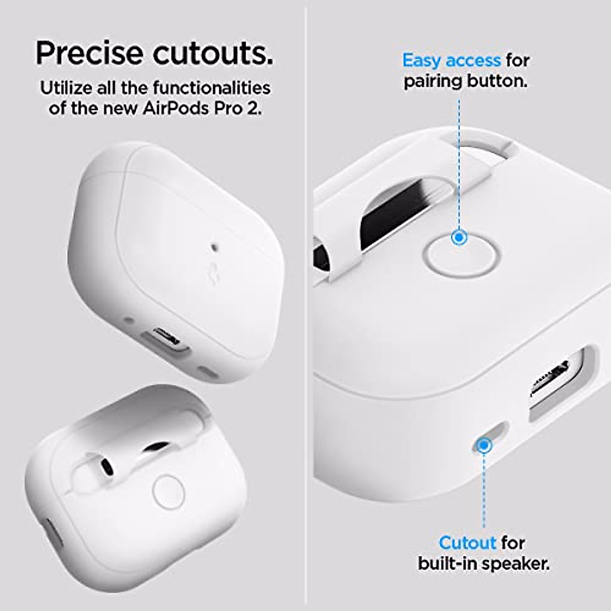 Spigen Silicone Fit Designed for AirPods Pro 2nd Generation Case 2022/2023 (USB-C/Lightening Cable) Airpods Pro 2 Case with Lanyard - White/Gray