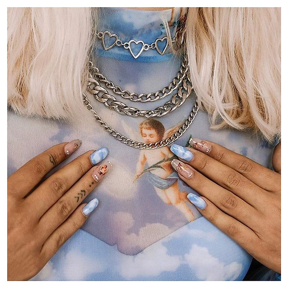 Aimimier Punk Link Chain Choker Necklace Set 4Pcs Hollow Heart Choker Hiphop Chunky Chain for Women