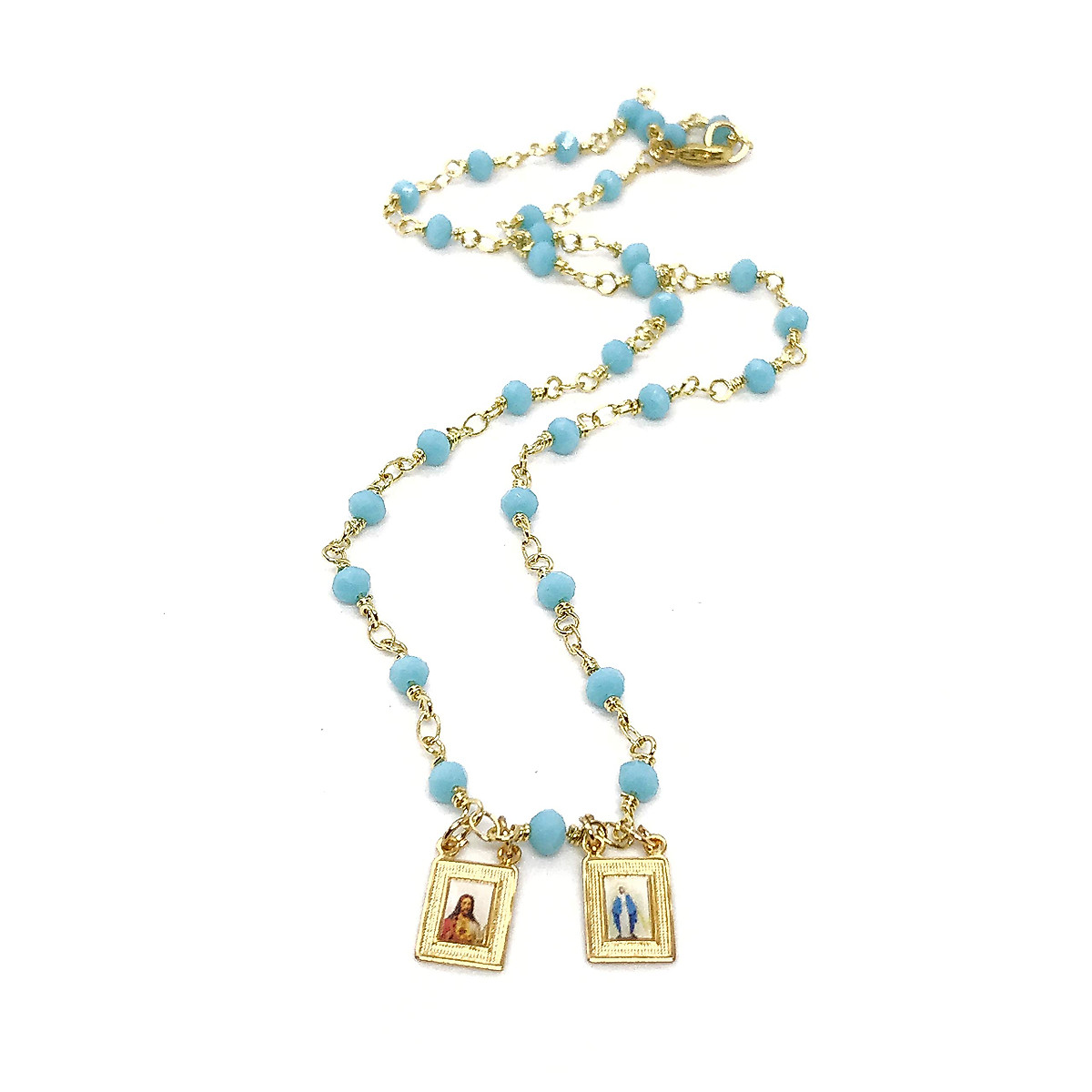 LESLIE BOULES Blue Ligth Beads Scapular Necklace for Women Hand-Craft Religious Jewelry