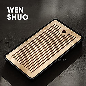 Ceramic Tea Tray, Double-Layer Bamboo Tray, for Tea Table (Rectangle, Black)