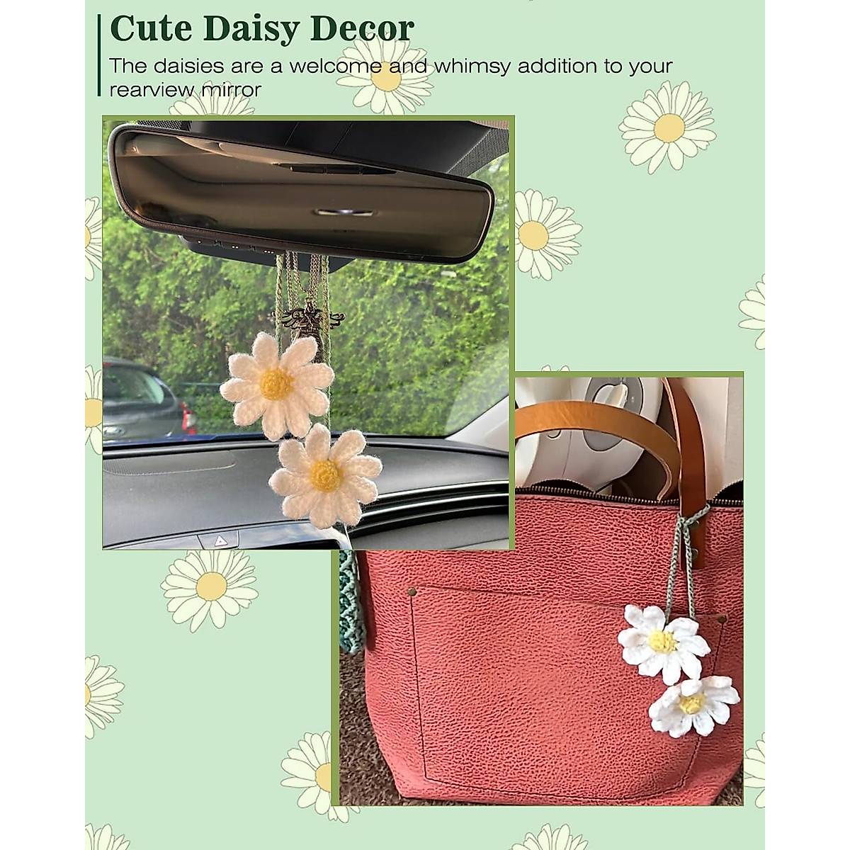 Crochet Daisy Car Accessories for Women Cute Rear View Mirror Hanging Charms Handmade Daisy Flower Gifts for Crochet Lovers Car Decor Automotive Interior Aesthetic(White)