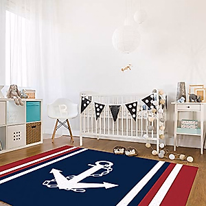 Area Rugs Non Slip Indoor Floor Carpet, Nautical Anchor Red White Stripes Navy Blue Rectangle Accent Rug for Bedroom Bedside Living Room Kids Room Nursery, 2'x3'